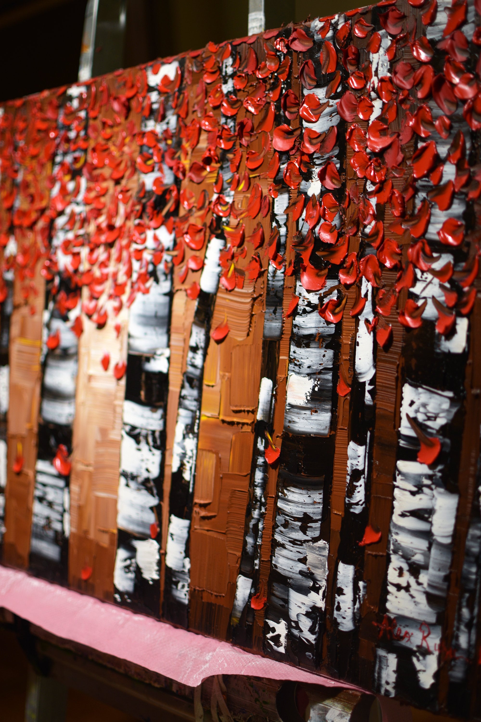 Abstract Red Birch Trees ORIGINAL Painting Impasto Aspen Landscape Oil ...