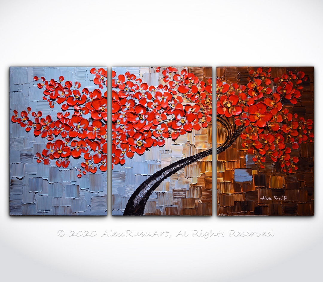 Triptych Tree Painting ORIGINAL Abstract Red Cherry Blossom Tree Palette Knife Thick Texture ...