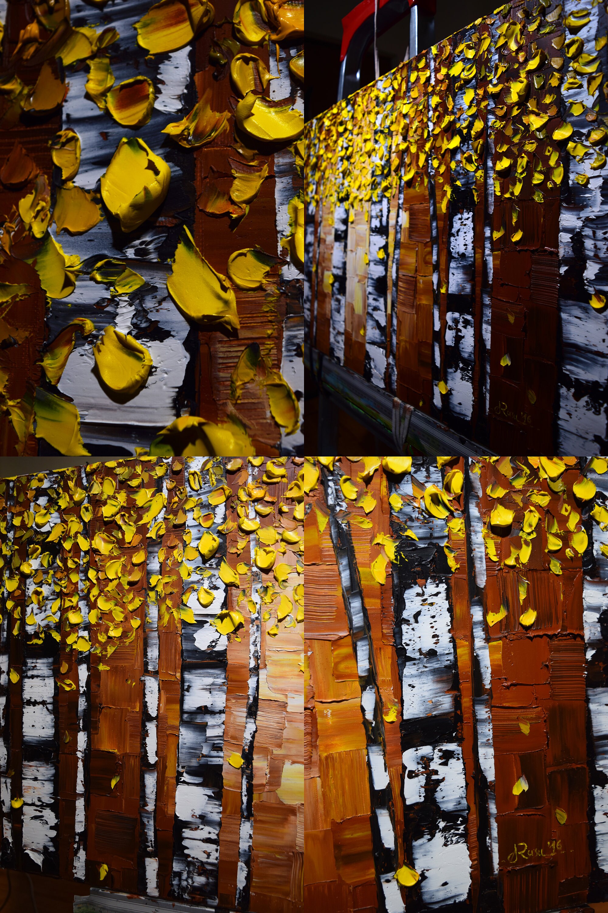 Triptych Tree Painting ORIGINAL Abstract Yellow Birch Trees Palette Knife Thick Texture ...