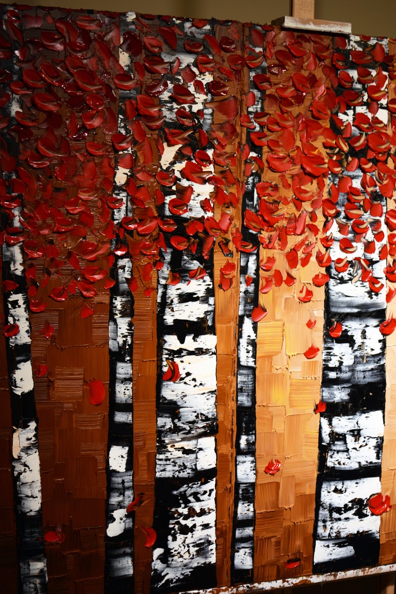 Triptych Tree Painting ORIGINAL Abstract Red Birch Trees Palette Knife Thick Texture ...