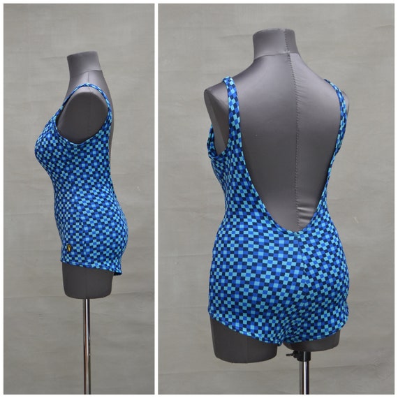 Vintage Swimsuit, 1960's Bathing suit, Blue checked o… - Gem
