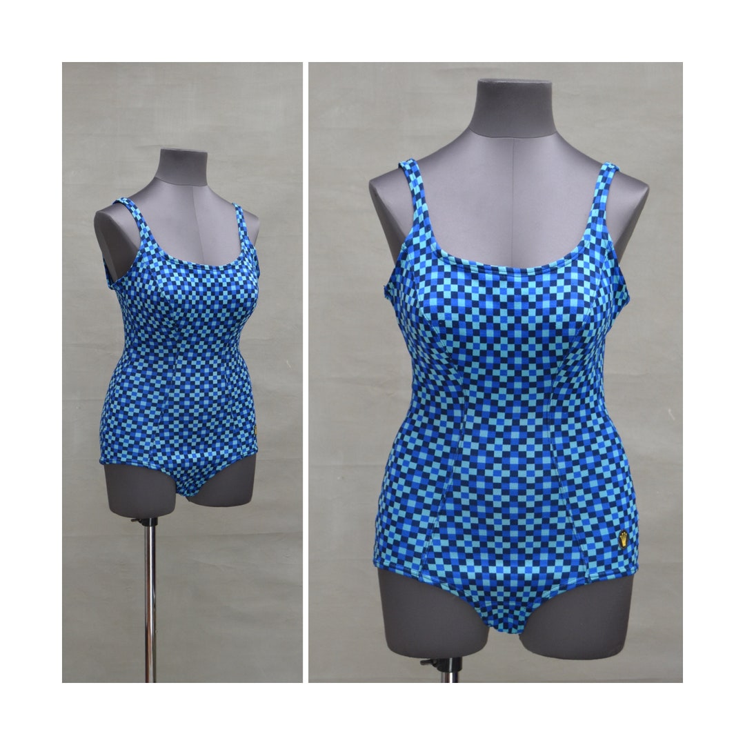 Vintage Swimsuit, 1960's Bathing Suit, Blue Checked One Piece Swimming Costume, Blue Checked Pin ...