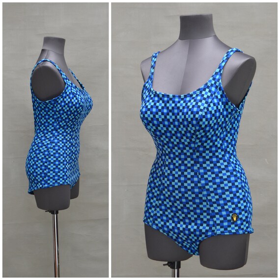 Vintage Swimsuit, 1960's Bathing suit, Blue checked o… - Gem