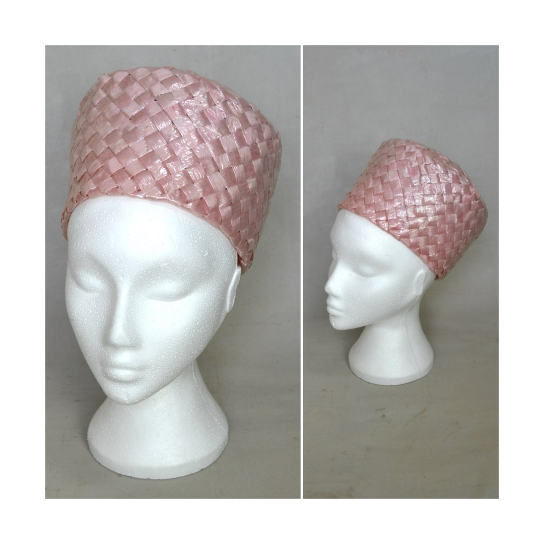 Vintage Hat, 1960's Pink Cellophane Straw Hat, Tall Crown Pill Box ...