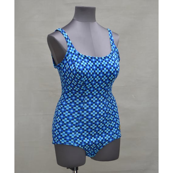 Vintage Swimsuit, 1960's Bathing suit, Blue checked o… - Gem