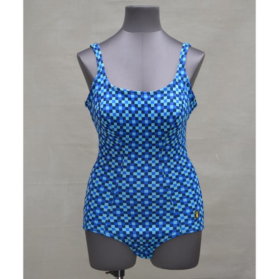 Vintage Swimsuit, 1960's Bathing suit, Blue checked o… - Gem