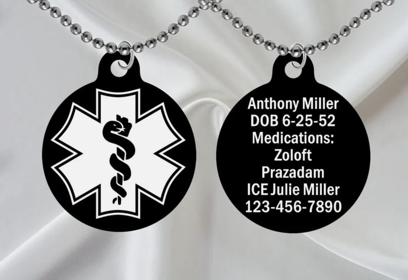 Round Medical Alert Necklace, Egraved and Personalized Free. Anodized ...