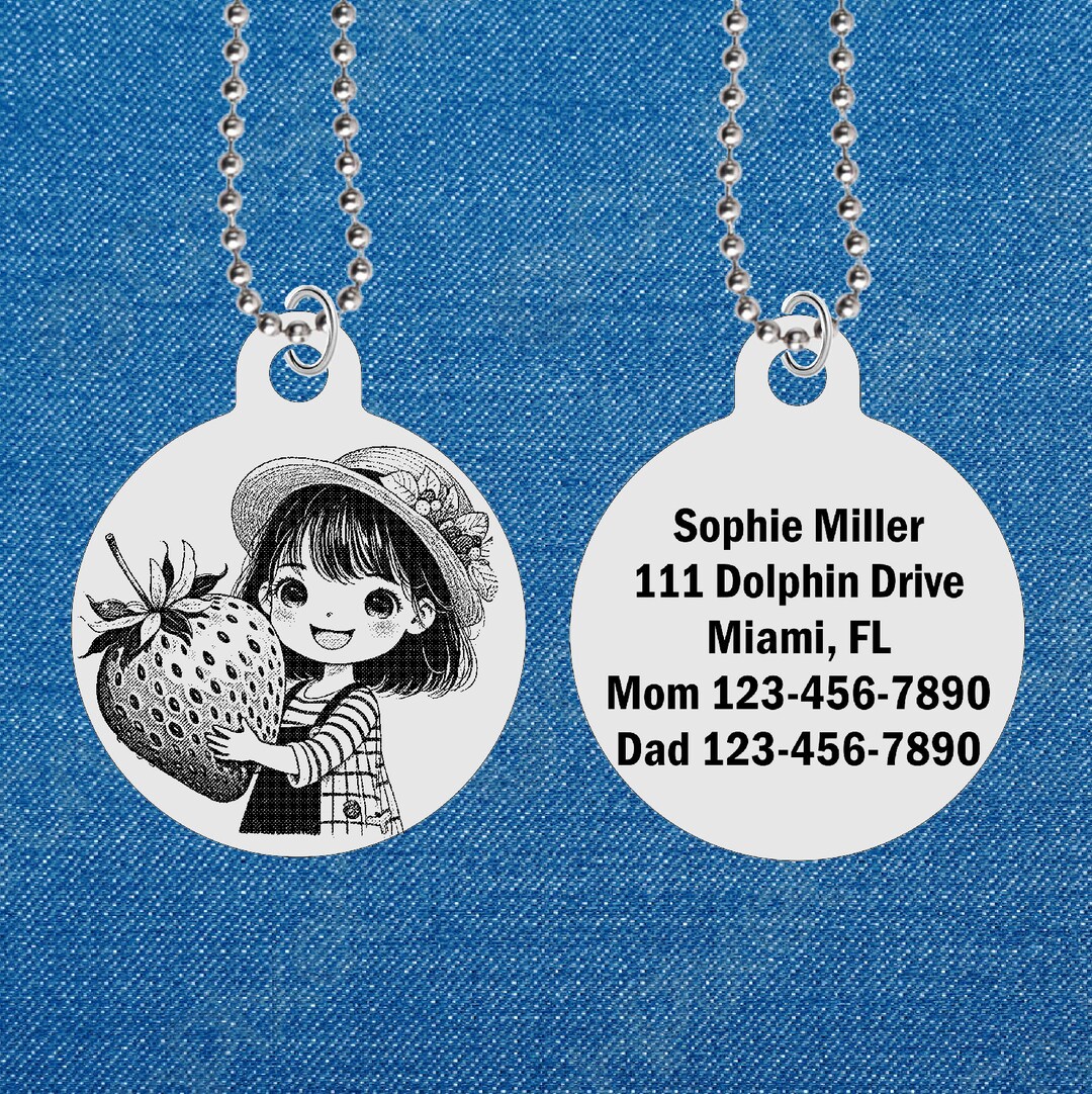 Personalized Kids ID Necklace, Girl With Strawberry, Engraved Stainless ...