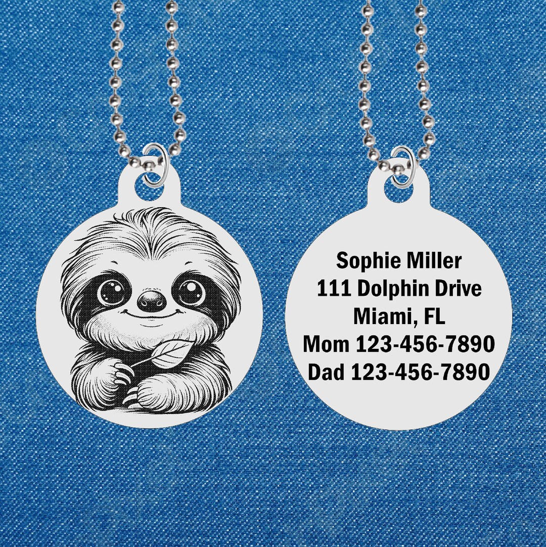 Personalized Sloth ID Necklace: Engraved Stainless Steel Pendant - Etsy