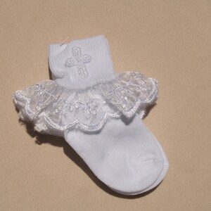 Girls White Nylon Embroidered Cross Ruffle Socks, First Communion ...