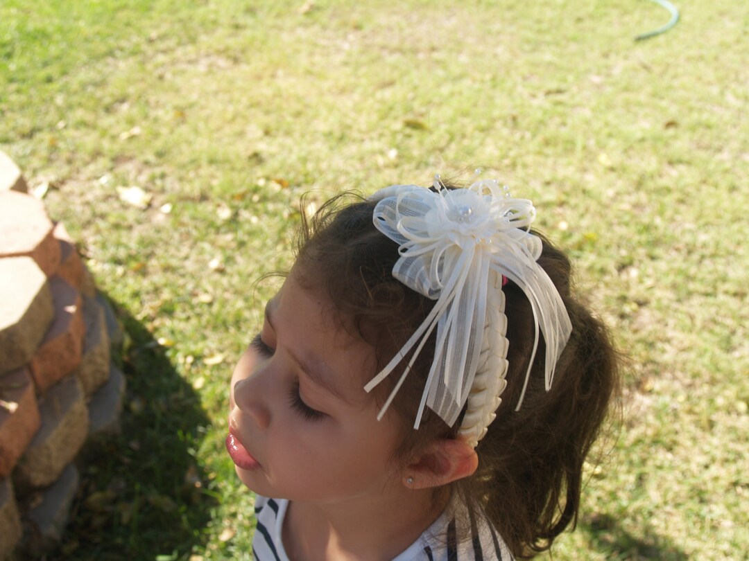 GIRLS White Headband and Ivory With Flowers and Braided Ribbon #006 ...