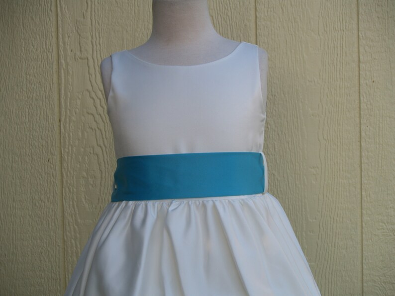 Girls Ivory Tea Length Satin Dress W Turquoise Sash Size 8 3 - Etsy