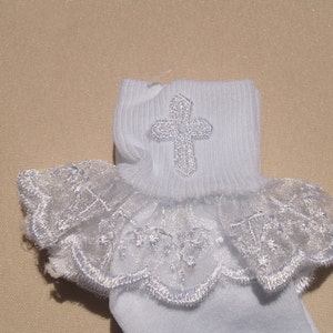 Girls White Nylon Embroidered Cross Ruffle Socks, First Communion ...