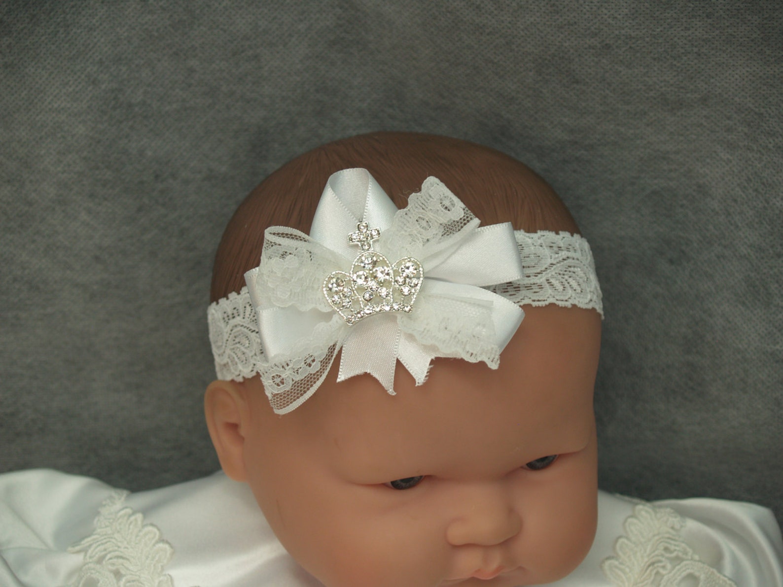 Baptism Baby Crown Hair on Lace Band and Satin Bow, Stretch Lace ...
