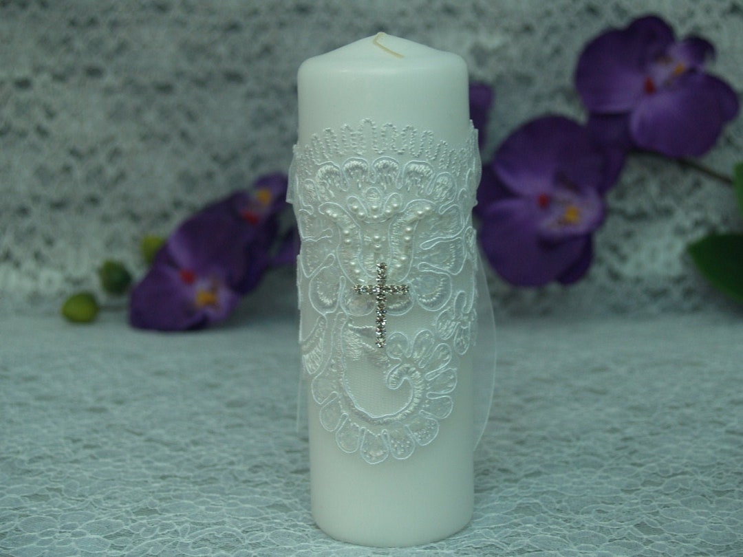 BAPTISM Ceremony Candle Communion White With Silver Crystals Cross ...