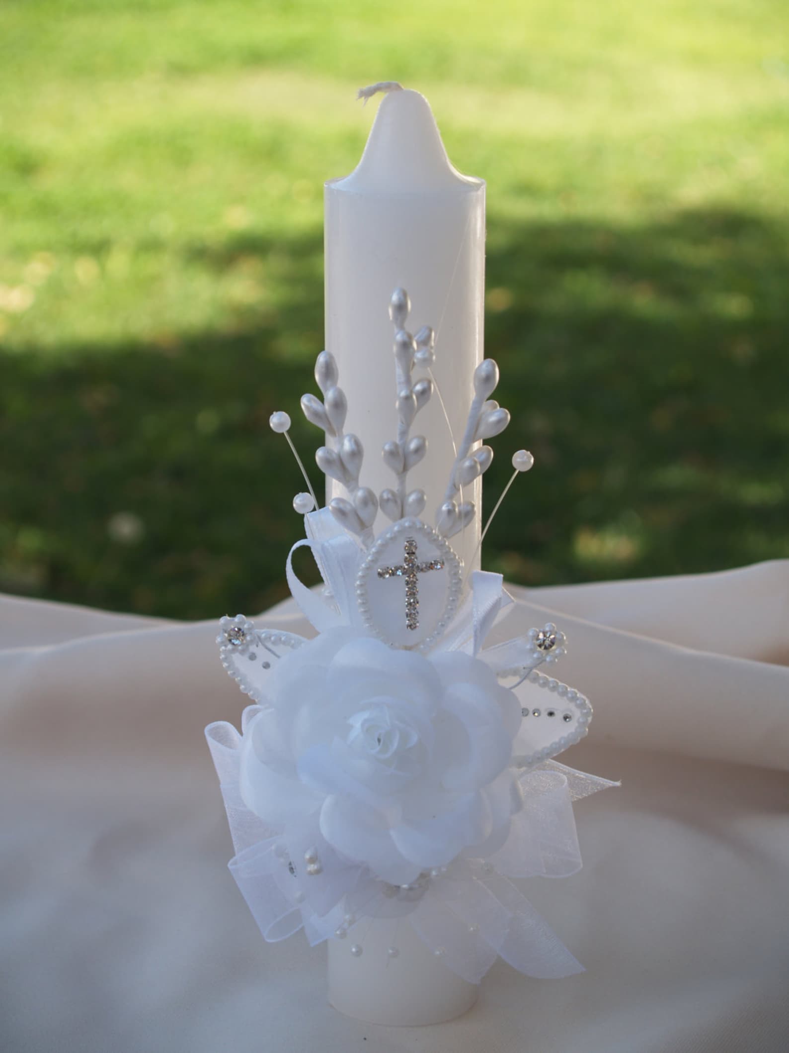 BAPTISM or Communion Candle White With Crystals Cross, Christening ...