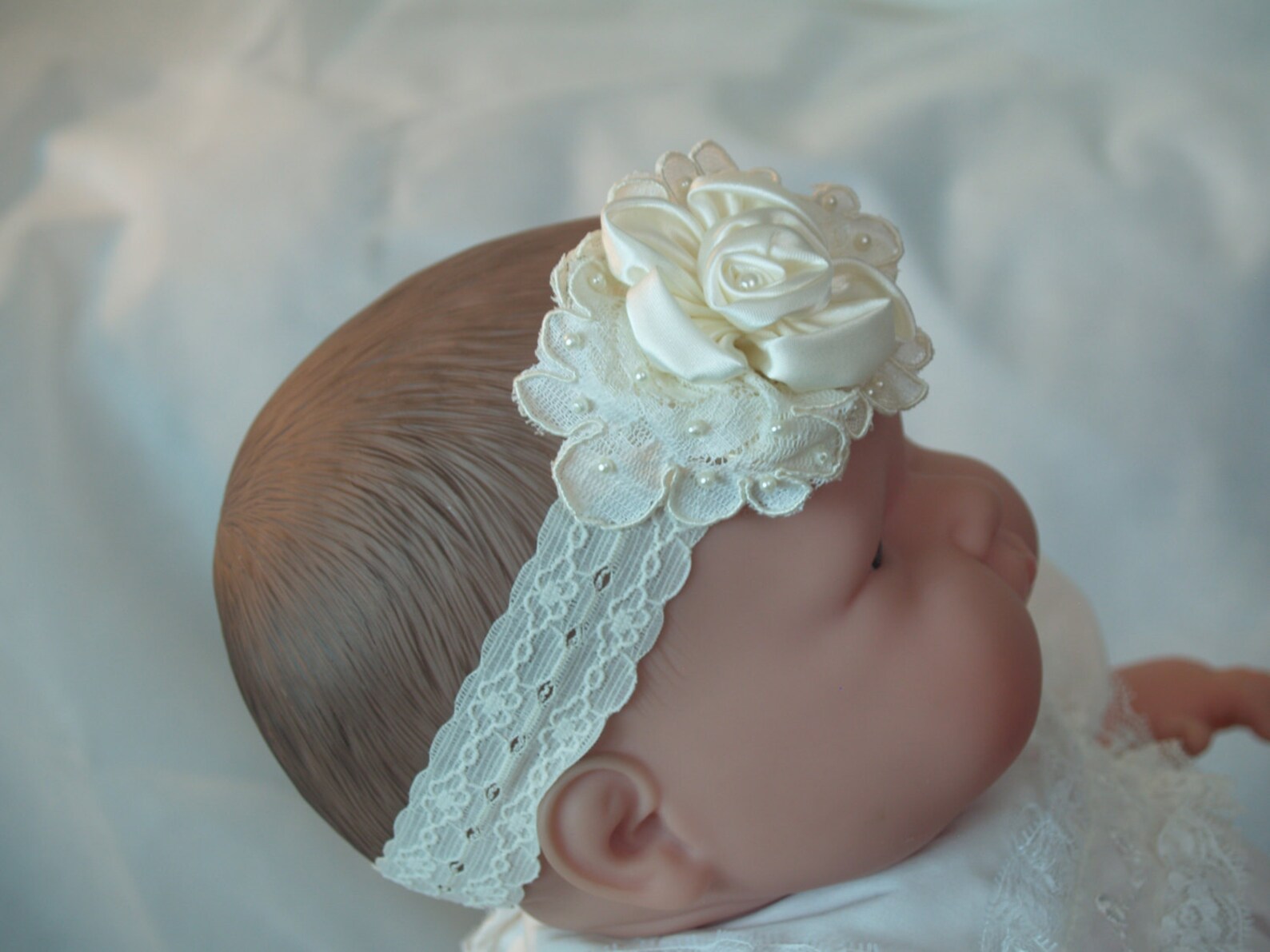 Baby Baptism HAIR Ivory Flower on Lace Band, Baby Headband, Gorgeous ...