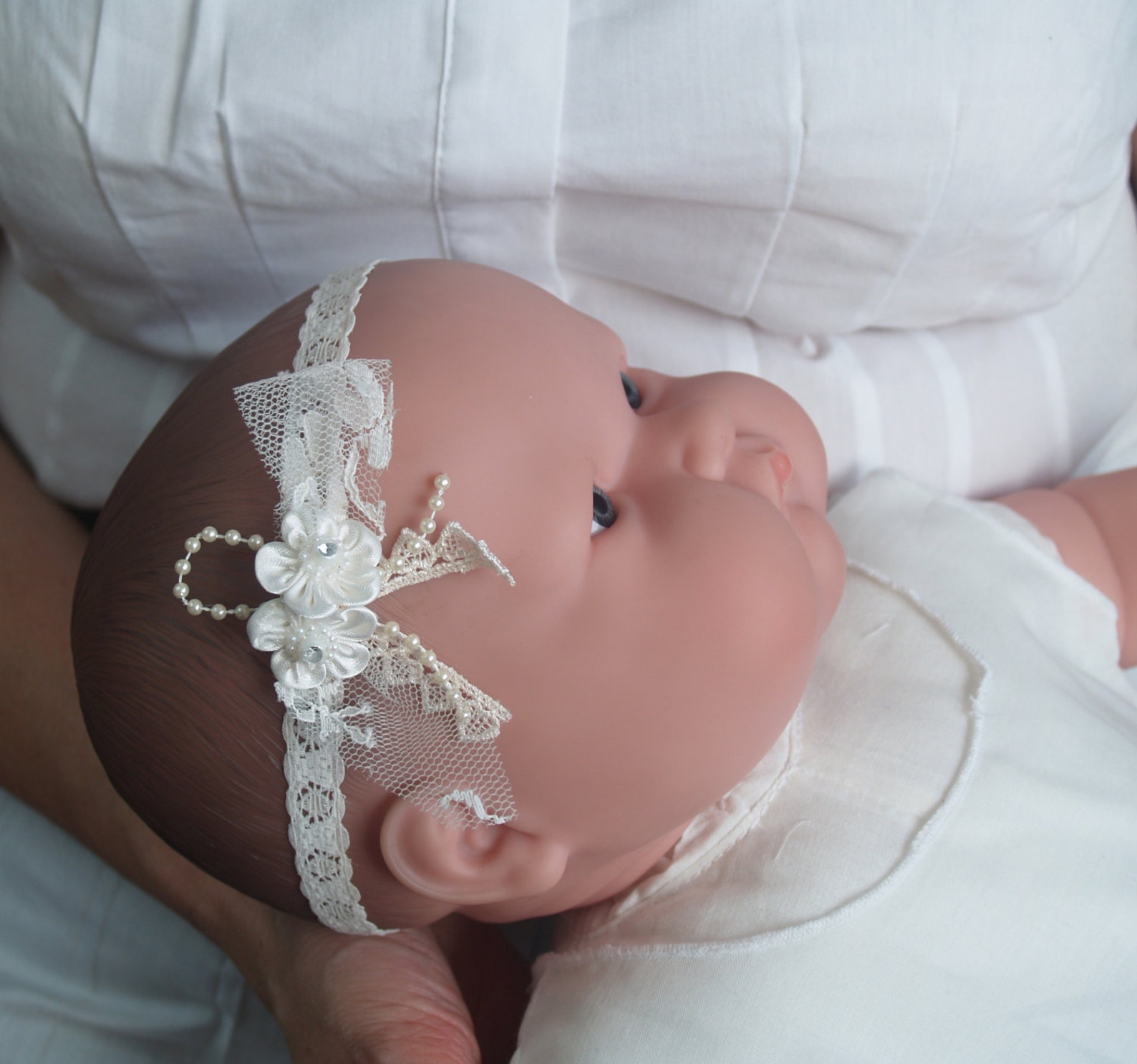 Ivory Baby Head Lace Band - Baptism Hair Lace Ivory, Baby Girl Ivory ...