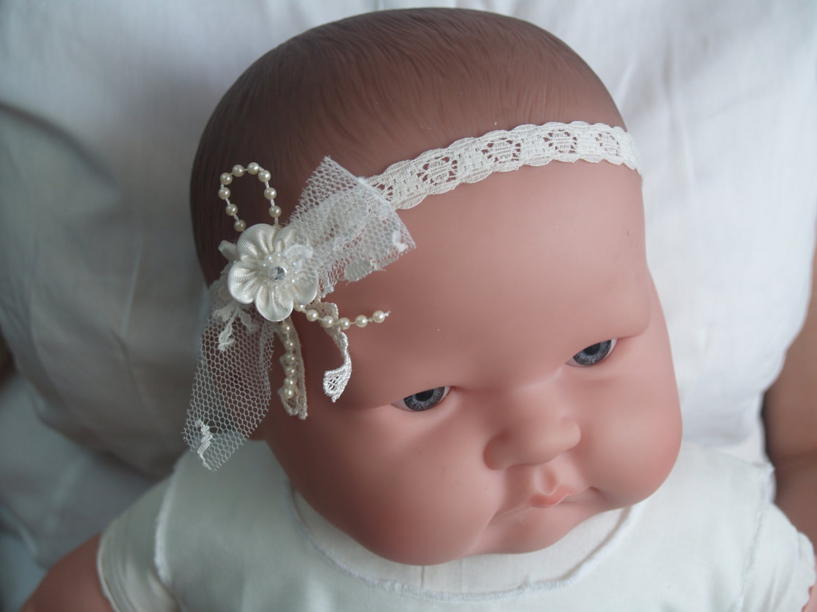Ivory Baby Head Lace Band - Baptism Hair Lace Ivory, Baby Girl Ivory ...