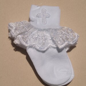 Girls White Nylon Embroidered Cross Ruffle Socks, First Communion ...