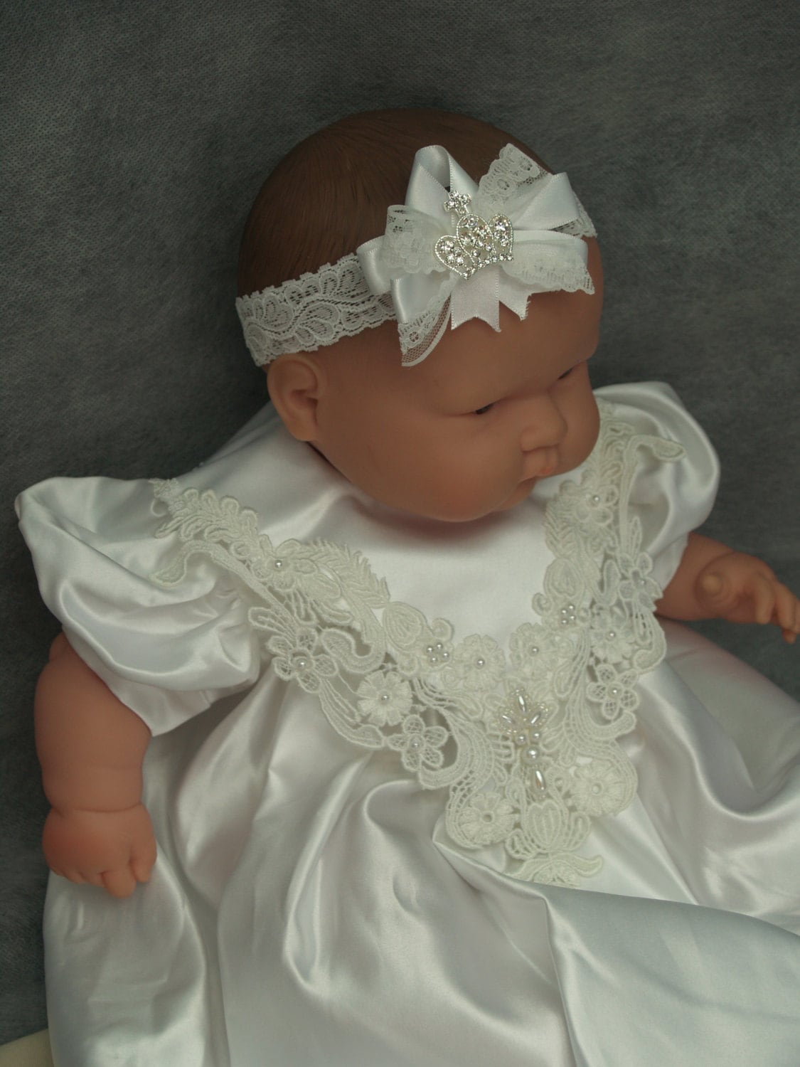 Baptism Baby Crown Hair on Lace Band and Satin Bow, Stretch Lace ...