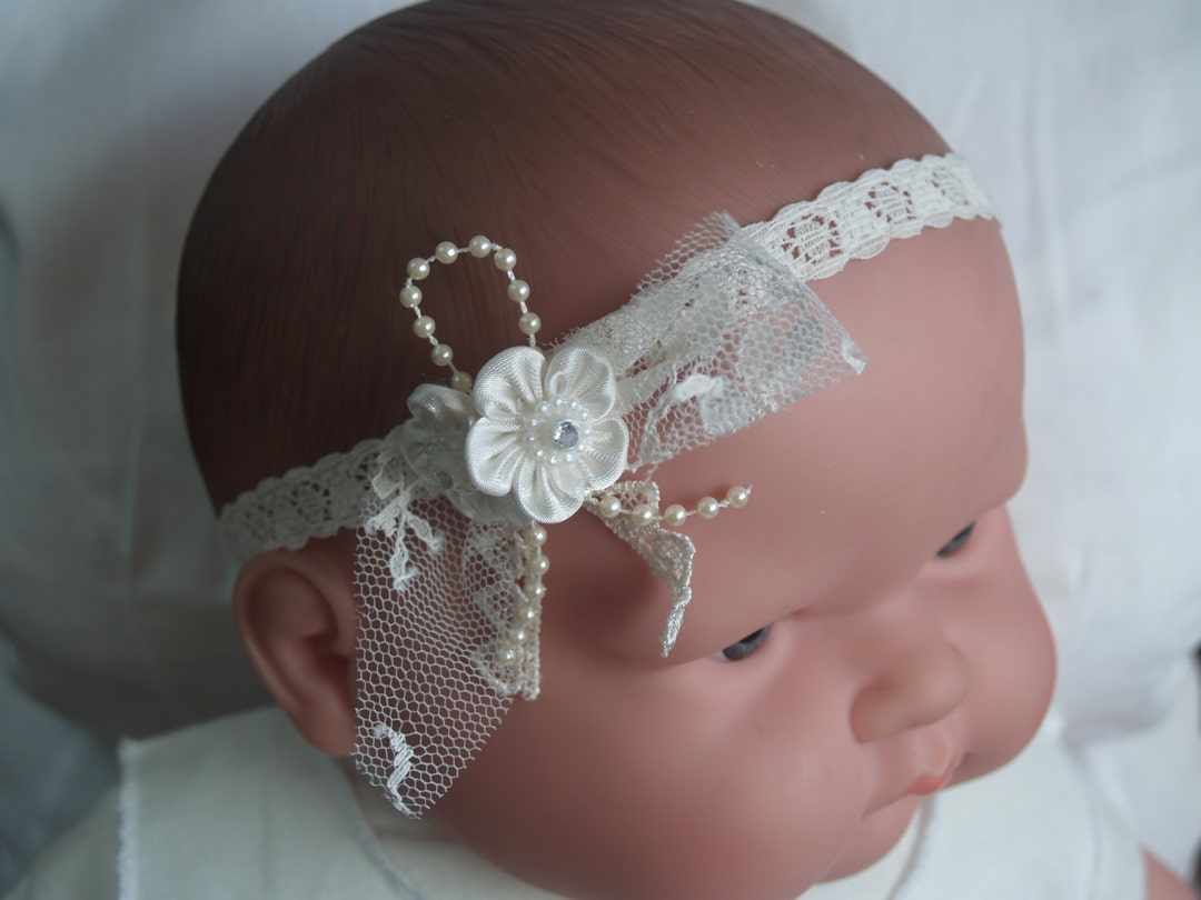 Ivory Baby Head Lace Band - Baptism Hair Lace Ivory, Baby Girl Ivory ...