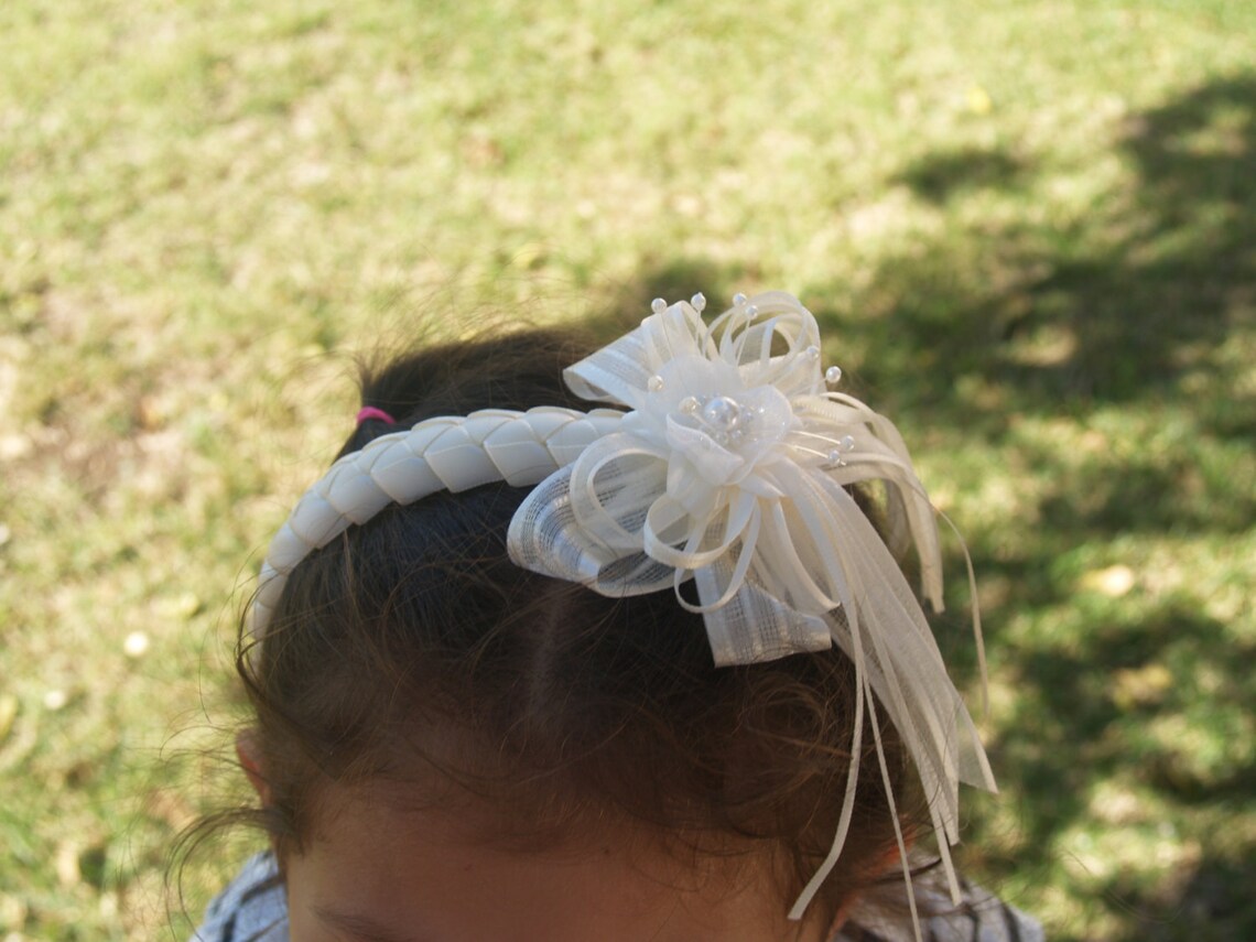 GIRLS White Headband and Ivory With Flowers and Braided Ribbon #006 ...