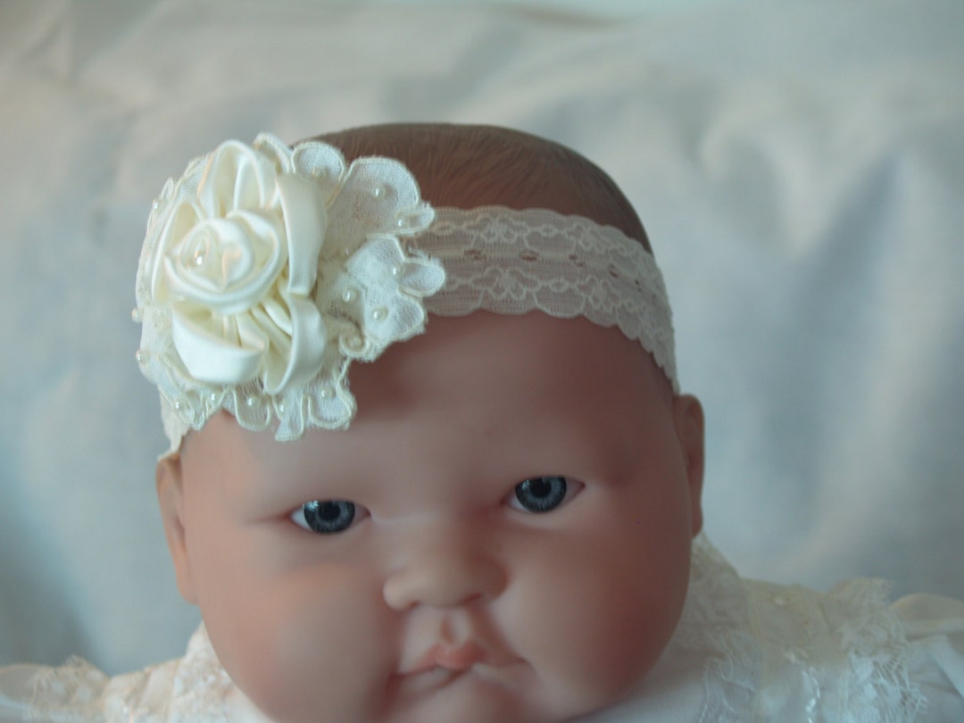 Baby Baptism HAIR Ivory Flower on Lace Band, Baby Headband, Gorgeous ...