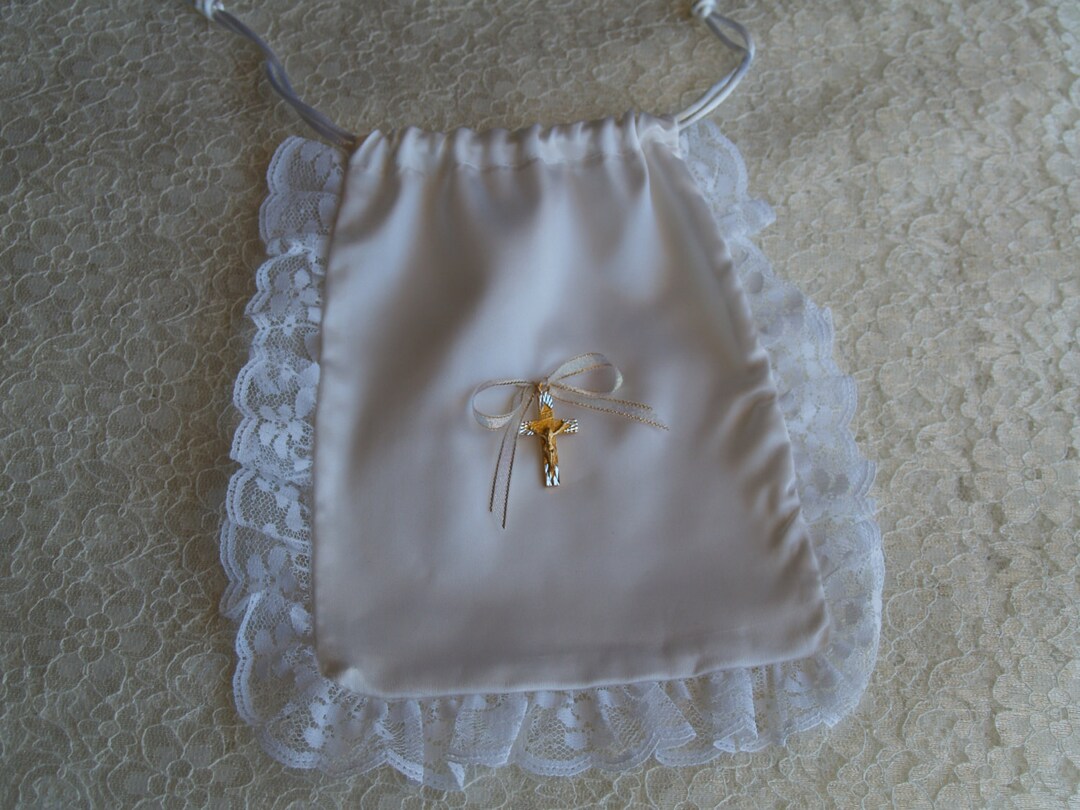 First Communion Bag With Golden Crucifix, Pull String Pouch for ...