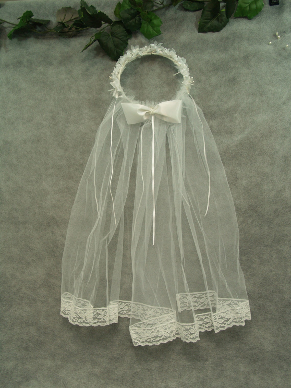 First Holy Communion Veil, Silk Flowers, Big Bow and Tulle, White ...