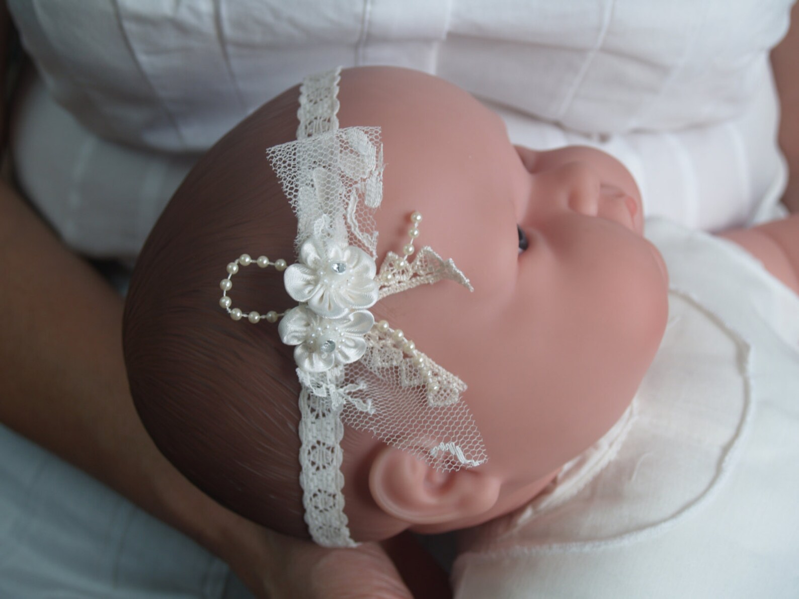 Ivory Baby Head Lace Band - Baptism Hair Lace Ivory, Baby Girl Ivory ...