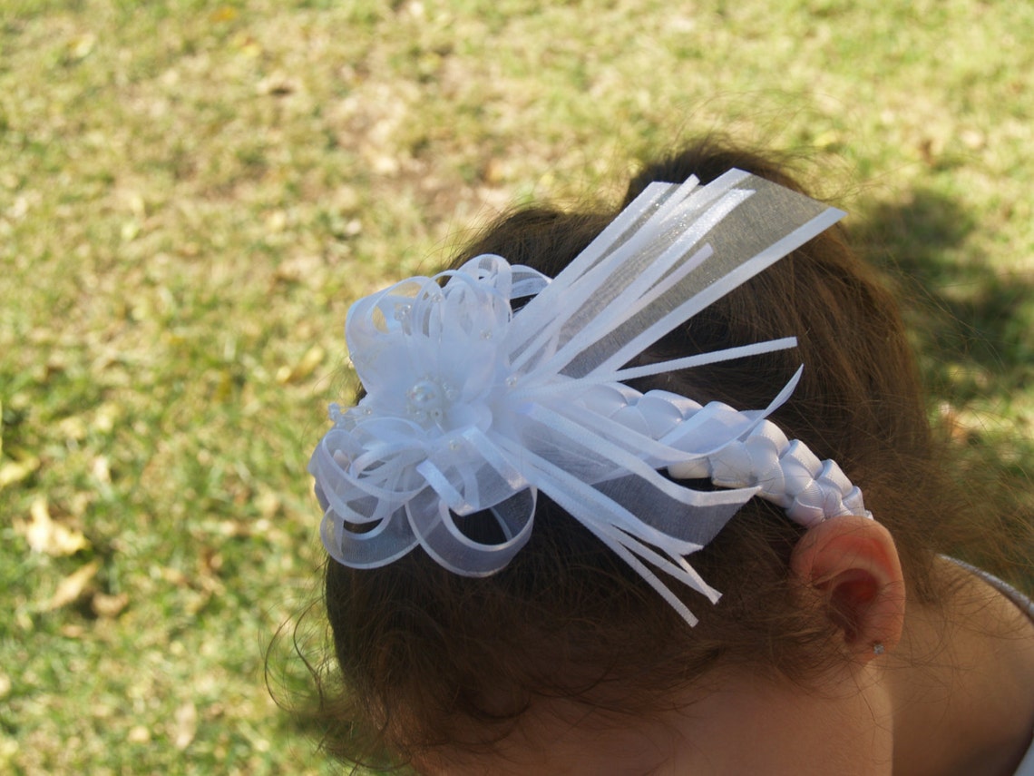 GIRLS White Headband and Ivory With Flowers and Braided Ribbon #006 ...