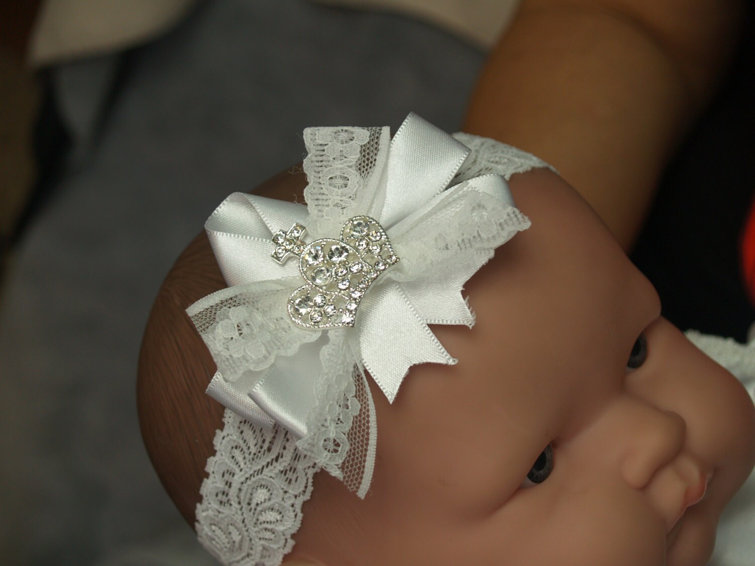 Baptism Baby Crown Hair on Lace Band and Satin Bow, Stretch Lace ...