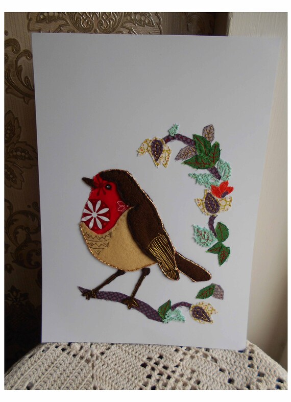 A4 Textile Robin Robin Wallart Mixed Media Art Textile Art | Etsy