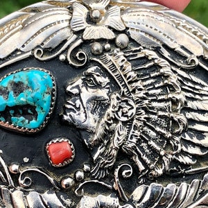 Vtg Native American Navajo Squash Blossom Belt Buckle- Warrior, Coral ...