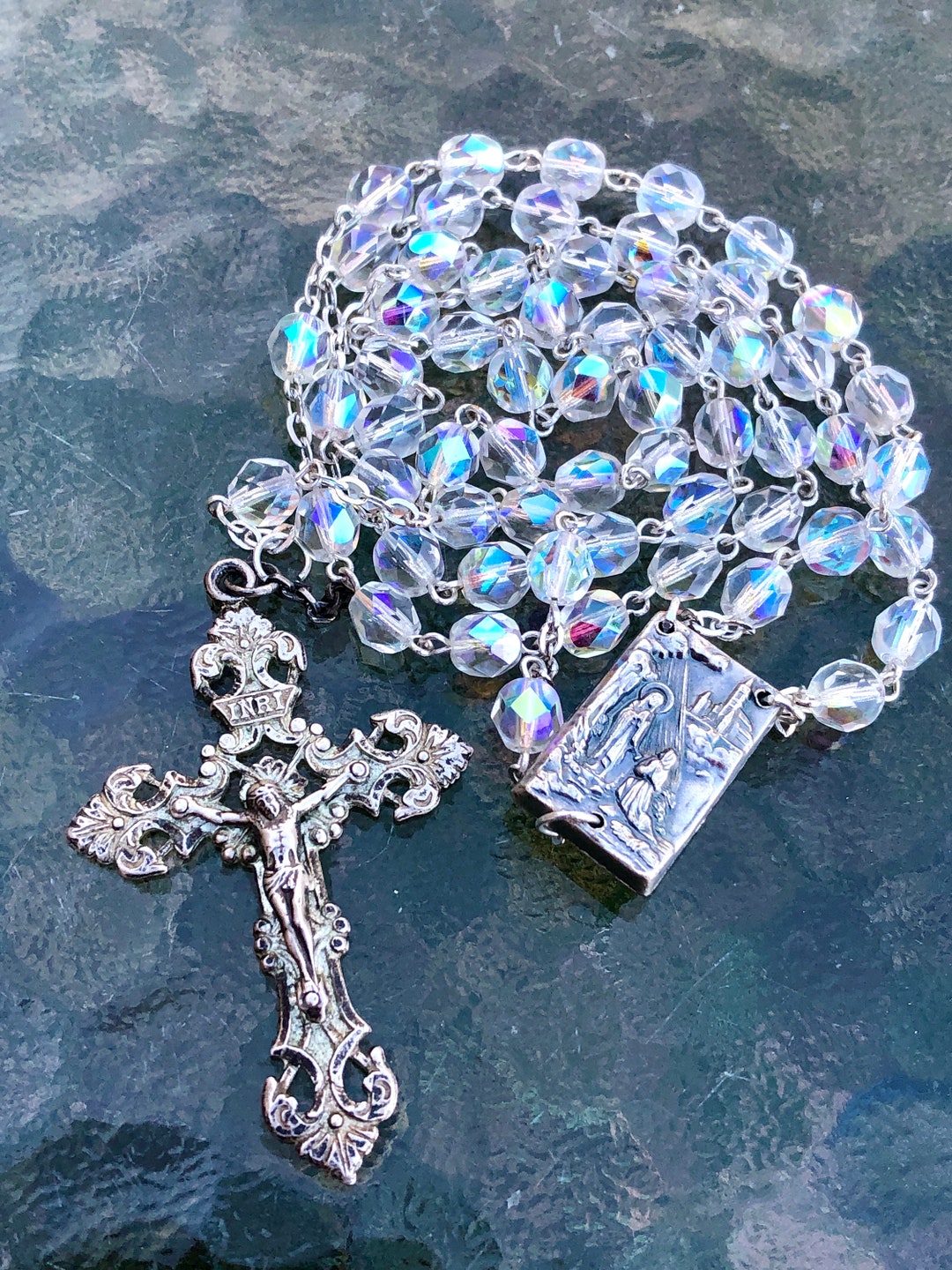 Priest Art Nouveau Sterling Crucifix Cross Aurora Borealis Crystal Bead ...