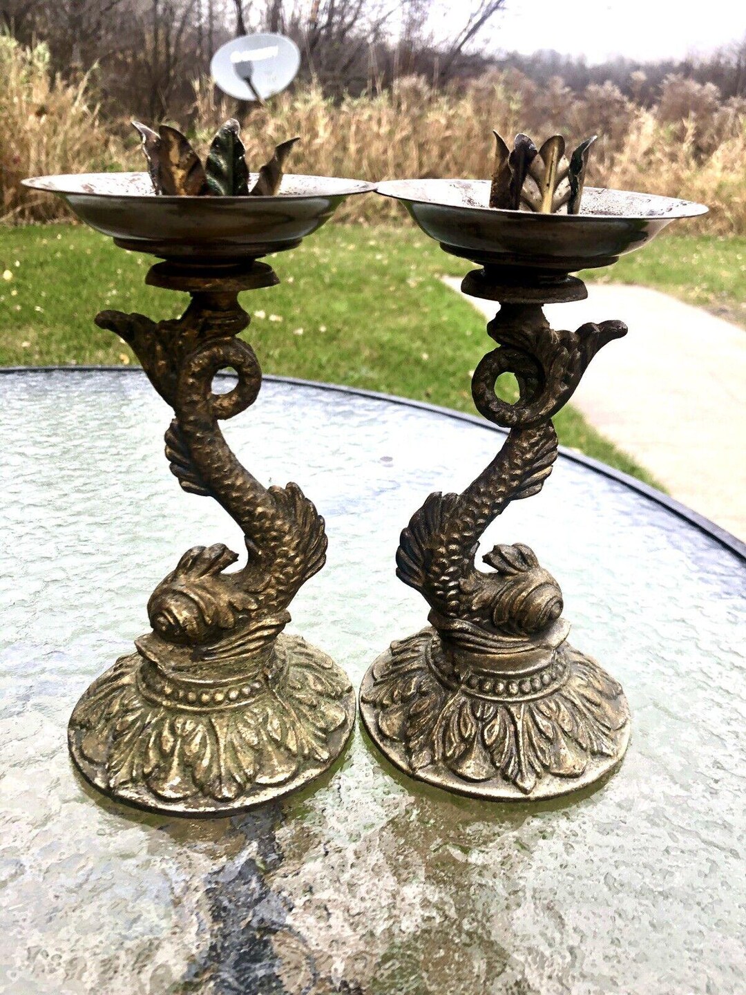 Vtg Set 2 Solid Brass Bearded Koi Fish Dolphin Candlestick Holders 7.25 ...
