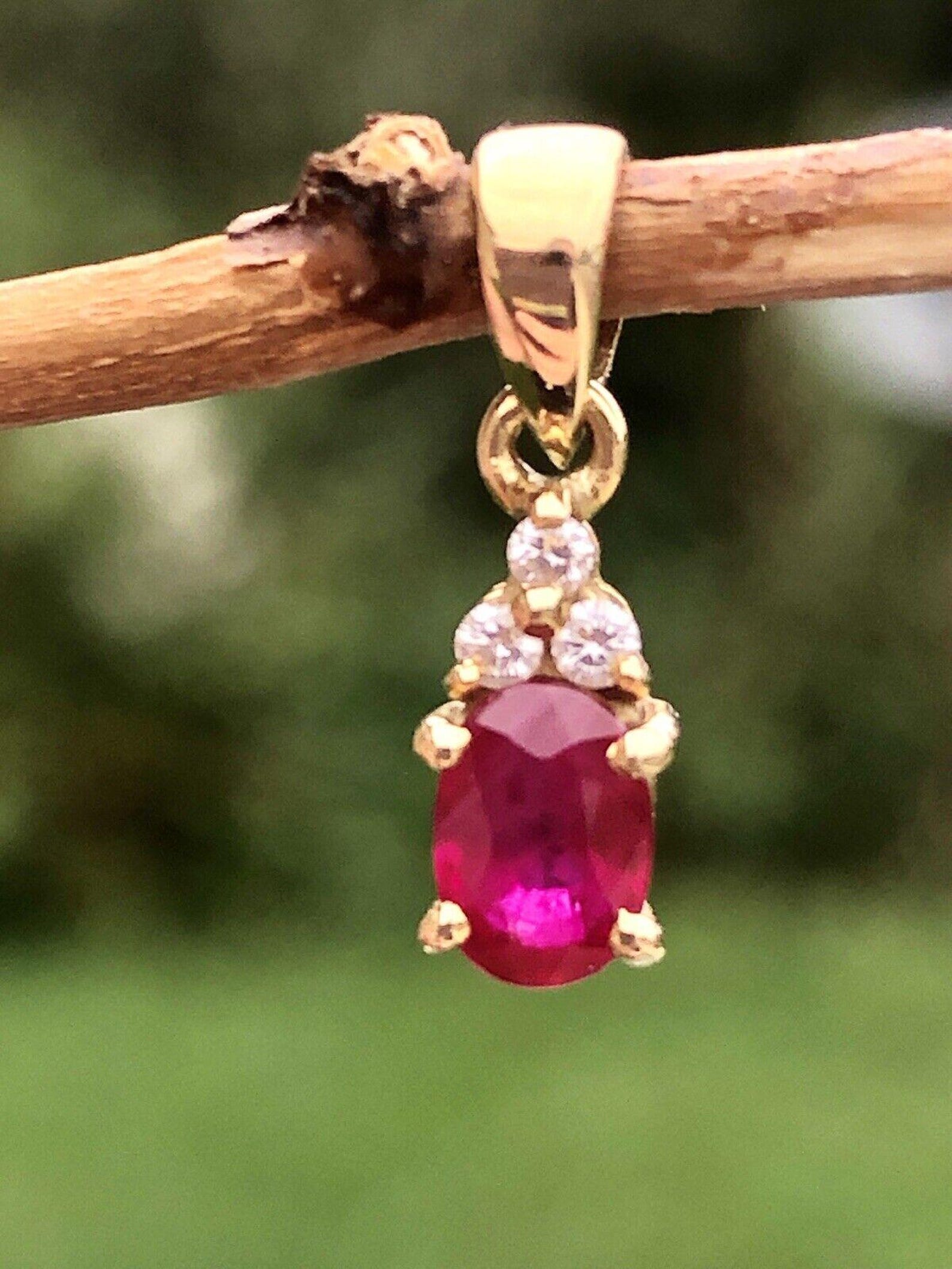 18K 750 Yellow Gold Red Ruby & Diamond Teardrop Pendant- European ...