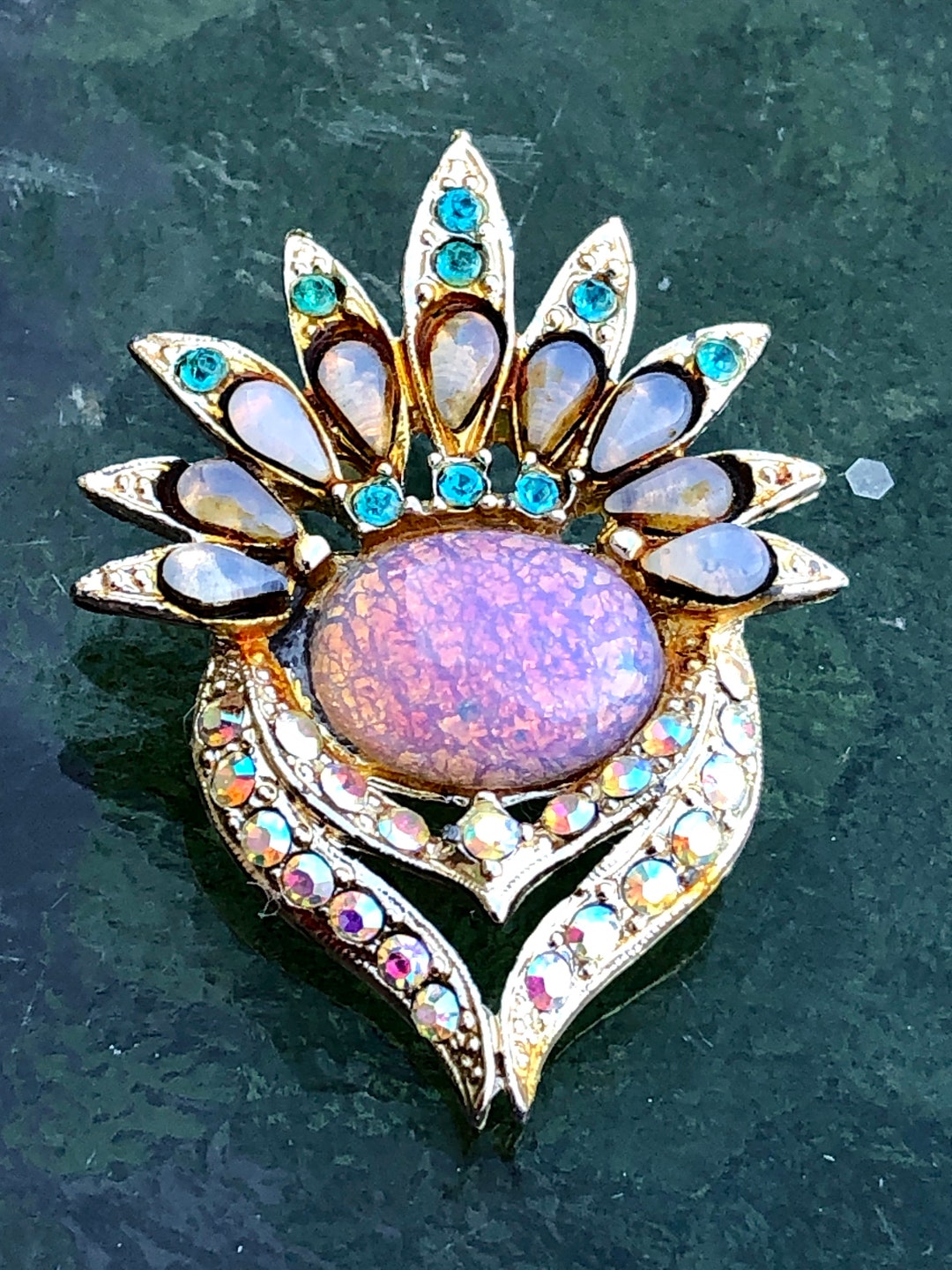 Vintage Opalescent Moonstone Glass & Fire Opal Glass Brooch - Etsy