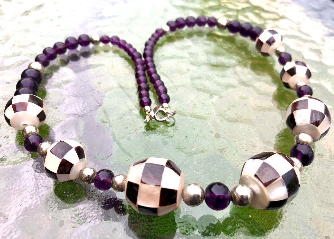 Karla Jordan Art Deco Style B & W Checkered Precious MOP and Amethyst ...