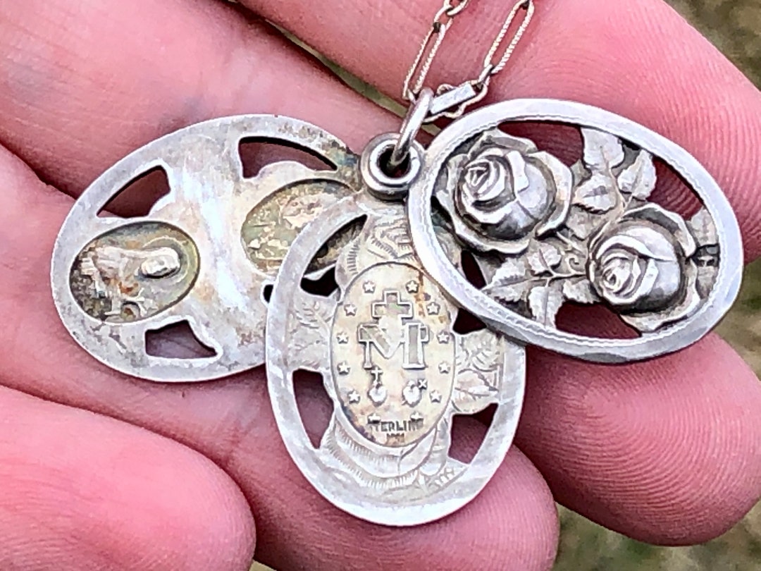 Vtg HVH Religious Christian Roses 3 Way Slide Sterling Silver Medal ...