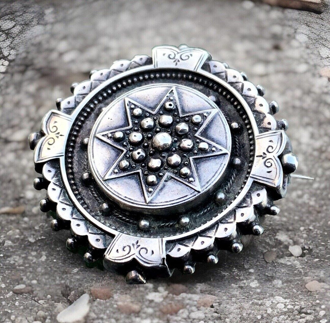 Antique Victorian Scottish Mourning Round Star Sterling Silver Brooch C ...
