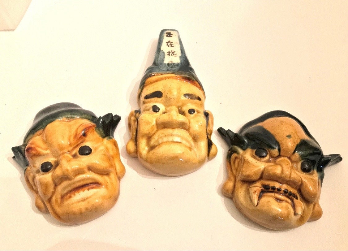 Vintage Japanese Noh Hannya Porcelain Mask Wall Hang Set Asian Demon ...