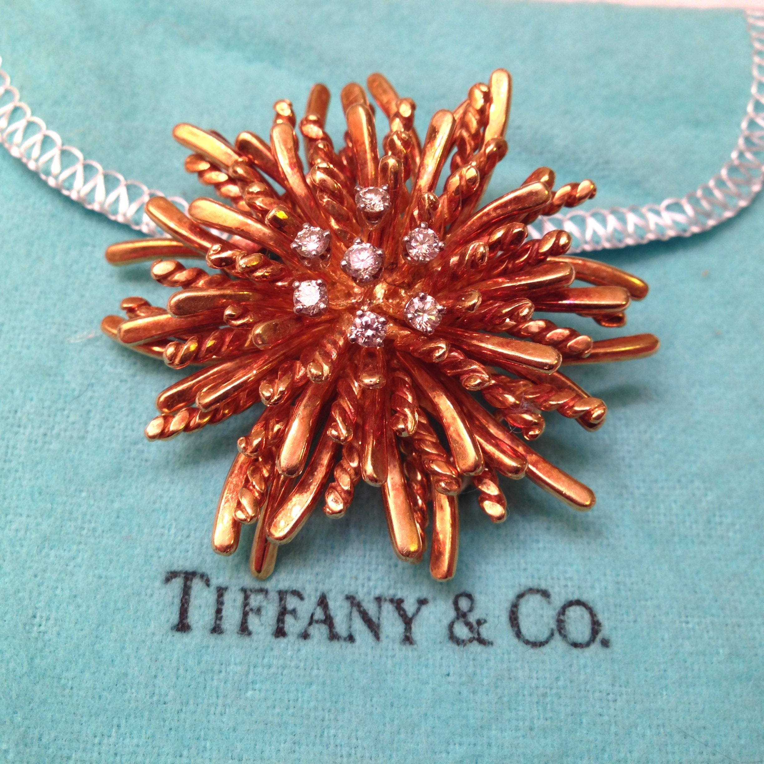 Rare 18K Tiffany & Co Schuler Anemone Diamond Pendant Enhancer Brooch Pin Fur Clip Mid Century ...