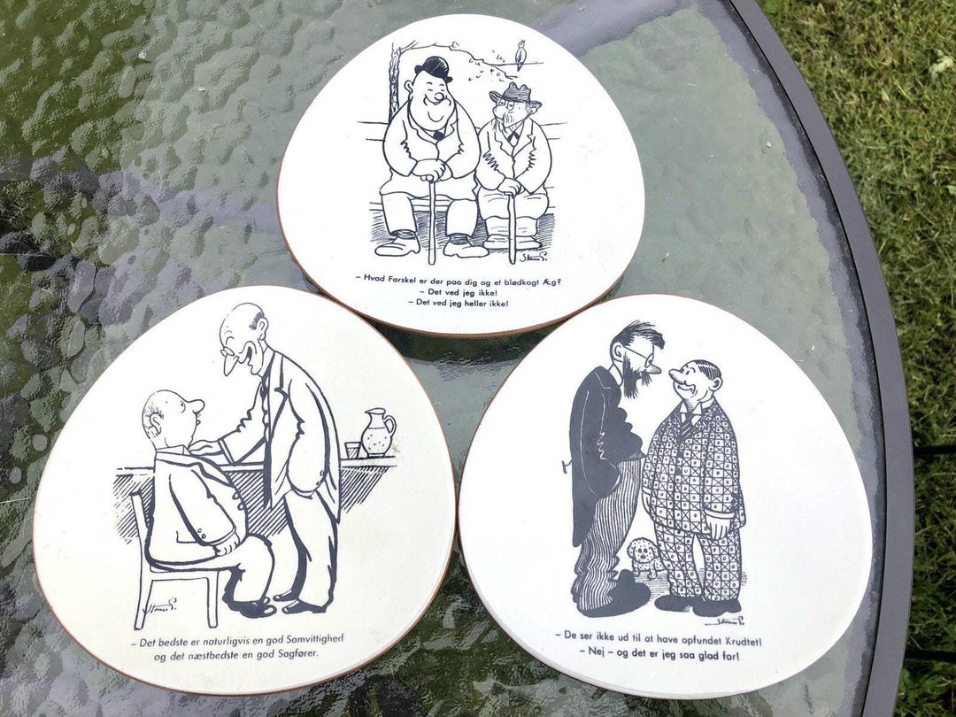 3 Mid Century Knabstrup Danish Pottery Plaques STORM P Cartoon Humor ...