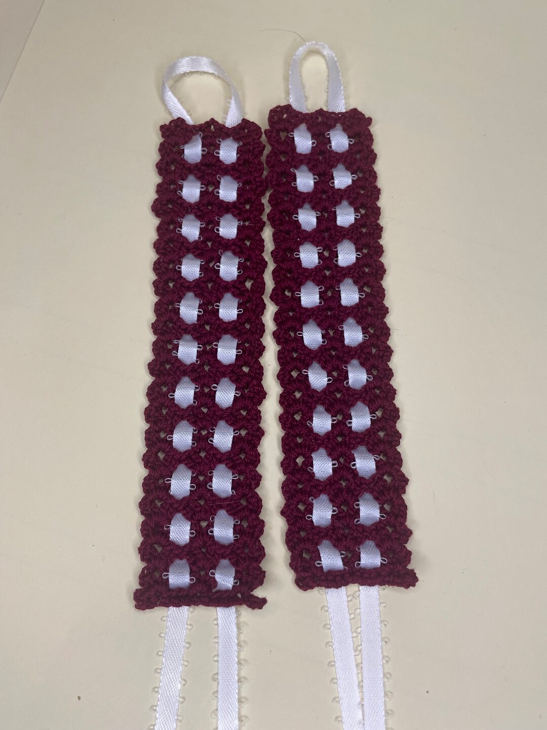 Crochet Bookmark Maroon With White Ribbon Handmade - Etsy