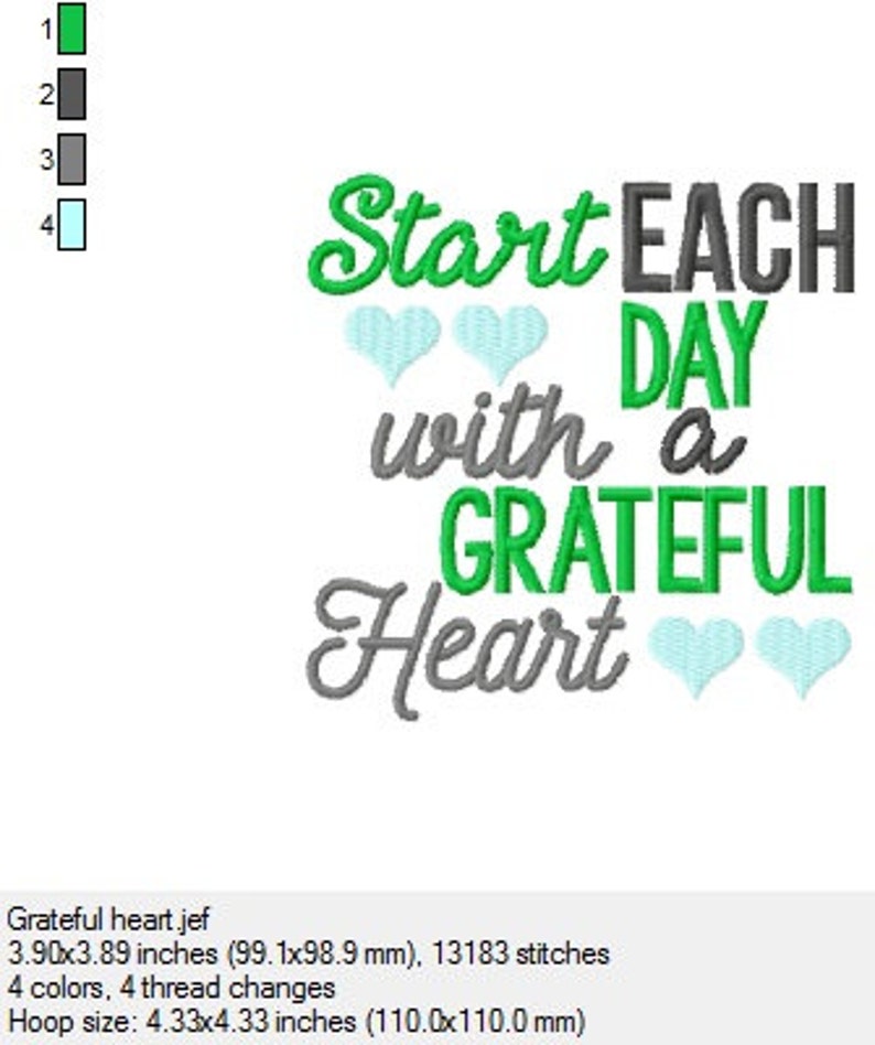Start Each Day With A Grateful Heart Digital Embroidery Design 4x4 ...