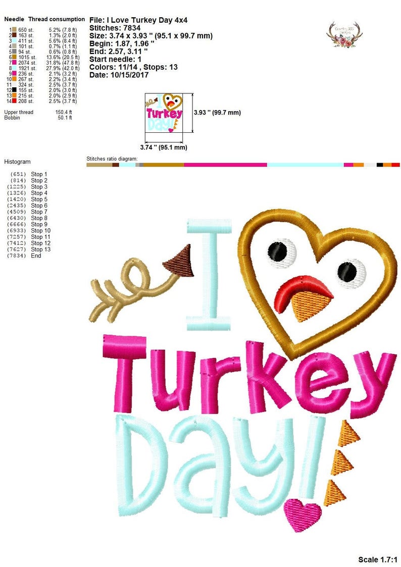 I Love Turkey Day Applique Embroidery Design -INSTANT DOWNLOAD ...