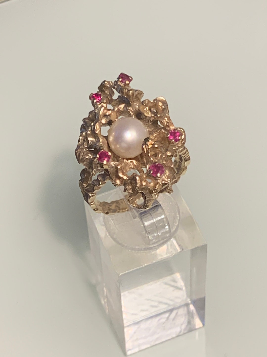 9ct Gold Coral Design Pearl & Ruby Ring - Etsy