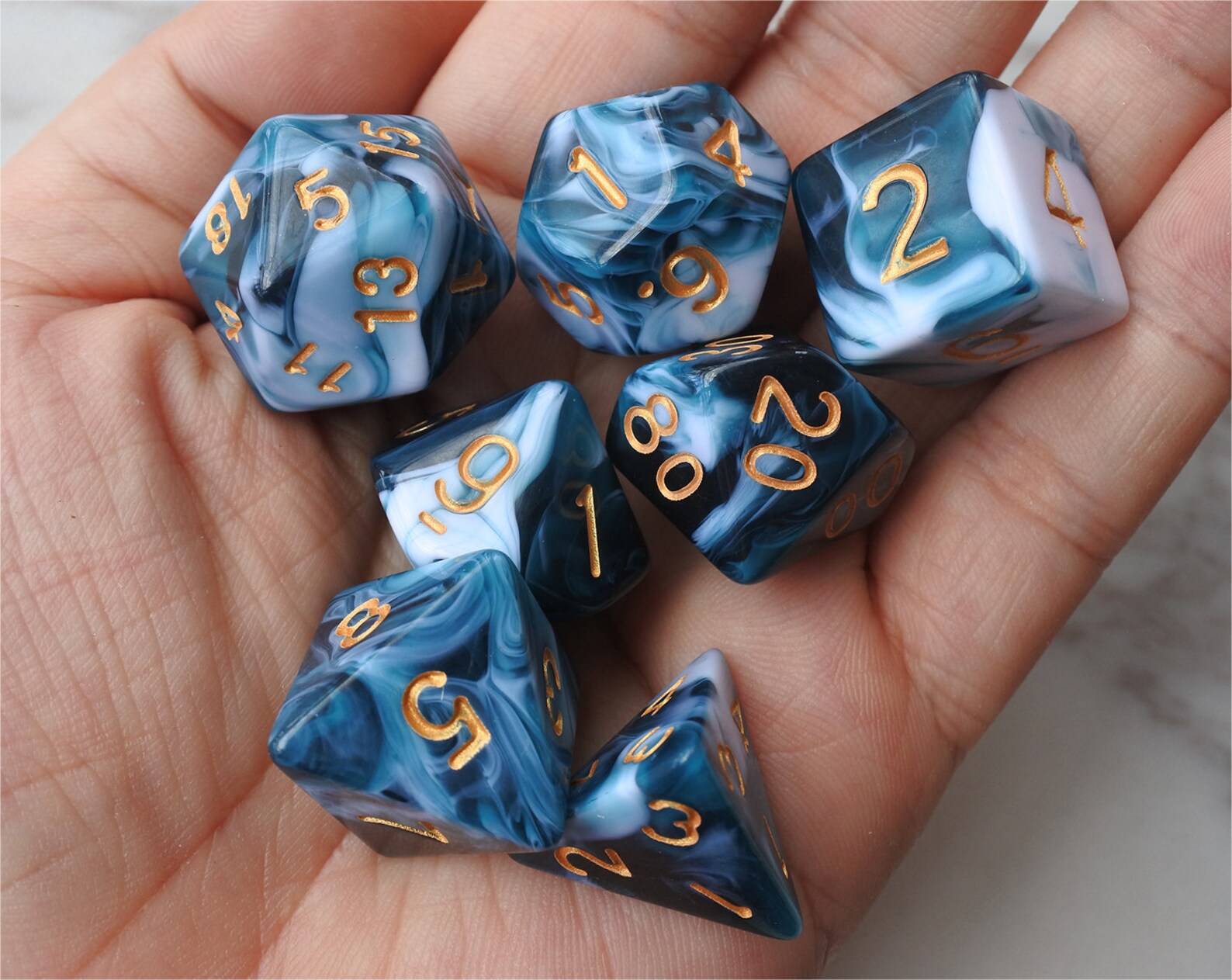Dnd Dice Set /blue and White Swirled Color Marbled Polyhedral | Etsy